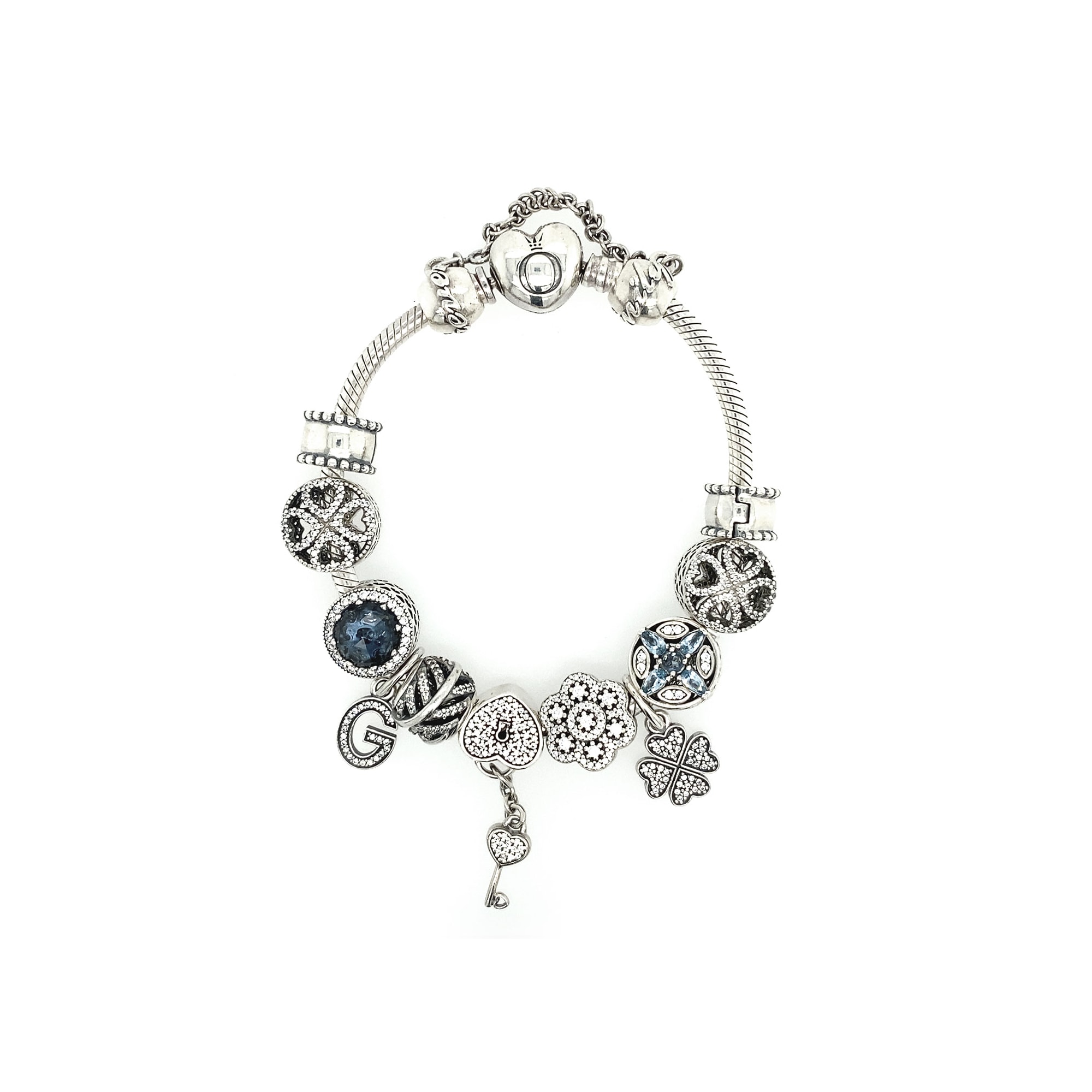 Pulseira Pandora com Charms variados azuis em prata
